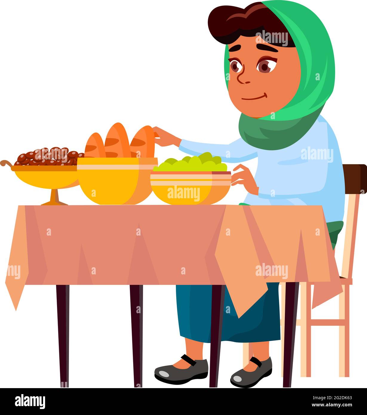 hungry arabic lady devouring tasty meals at feast cartoon vector Stock ...
