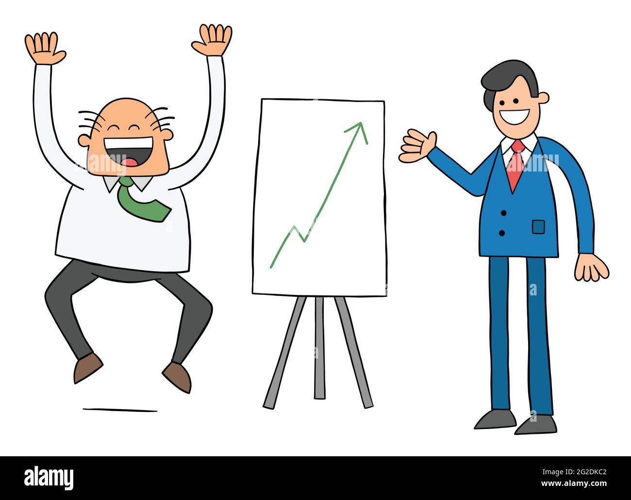 Cartoon worker man shows the boss the sales chart and the boss is very ...