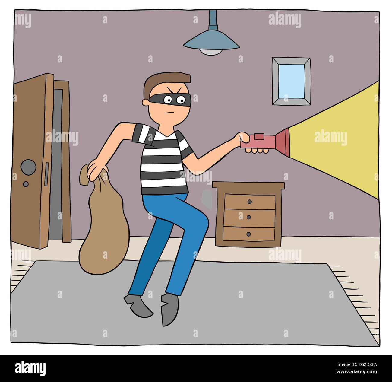 Cartoon thief man in the house at night and walks with a flashlight ...