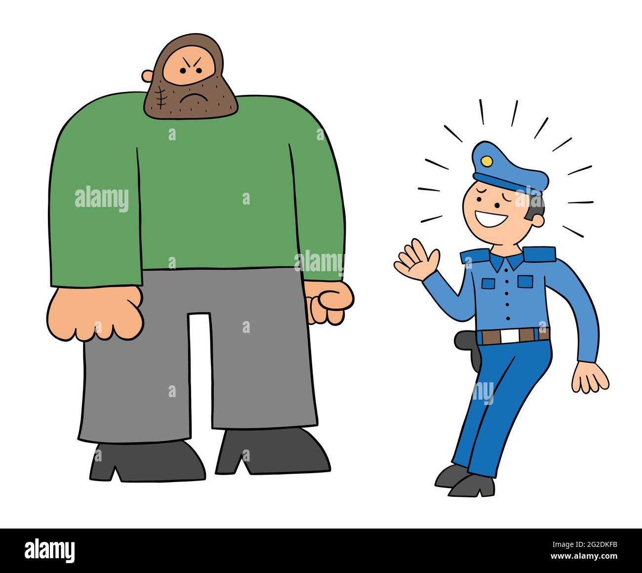 Cartoon police man afraid of the big man, vector illustration. Black ...