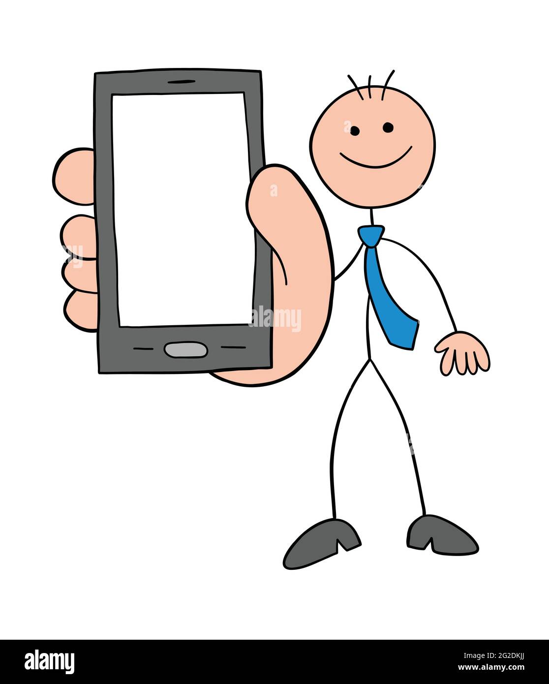Stickman businessman character showing the smartphone screen, vector ...