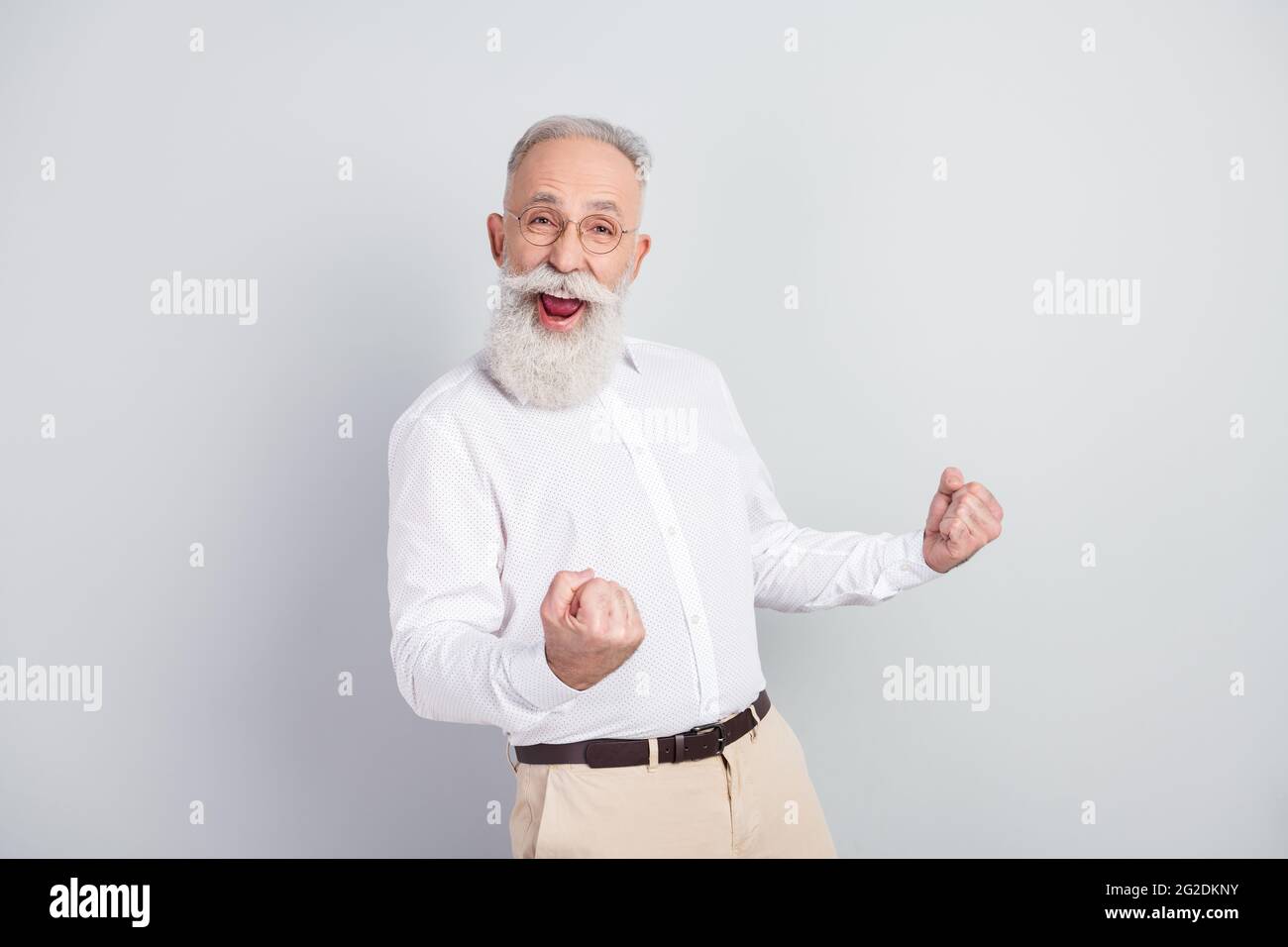 Photo of handsome hooray grey hair old man hands fists wear spectacles ...