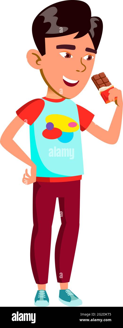 asian preteen boy eating chocolate bar in park cartoon vector Stock ...