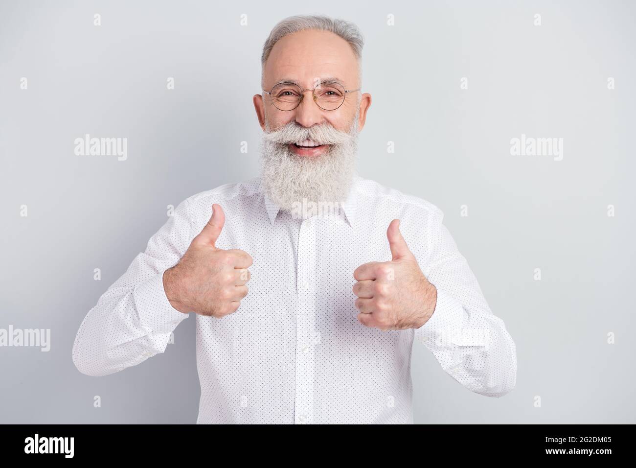 Photo of happy charming positive old man wear glasses show thumb-up ...