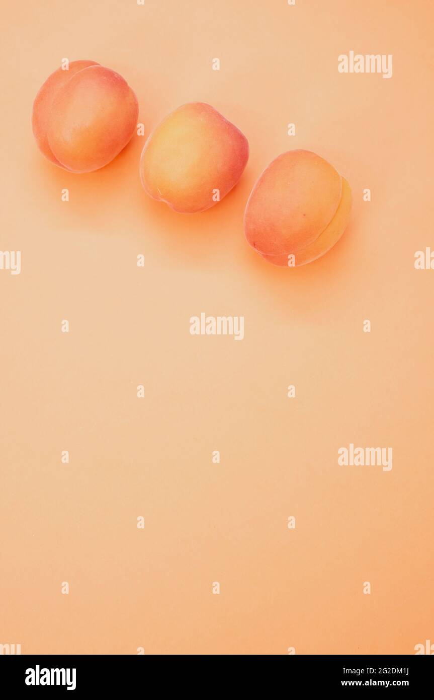 Verticalshot of fresh three apricots isolated on a pastel peach ...