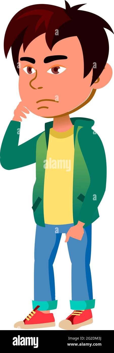 thoughtful asian boy remembering where left school bag cartoon vector ...