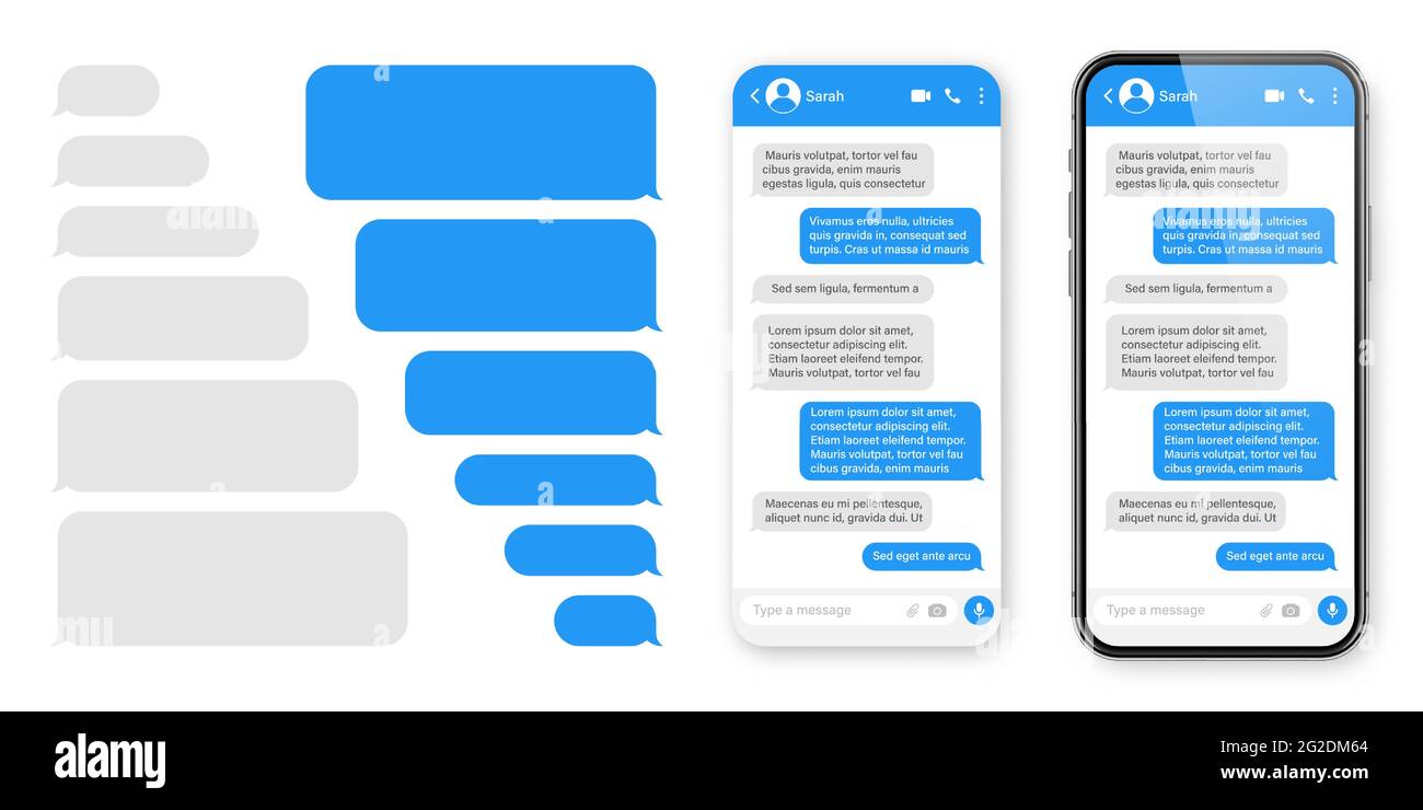 Realistic smartphone with messaging app. Blank SMS text frame ...