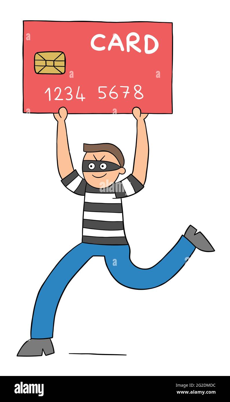 Cartoon thief man stole credit card and runs, vector illustration ...