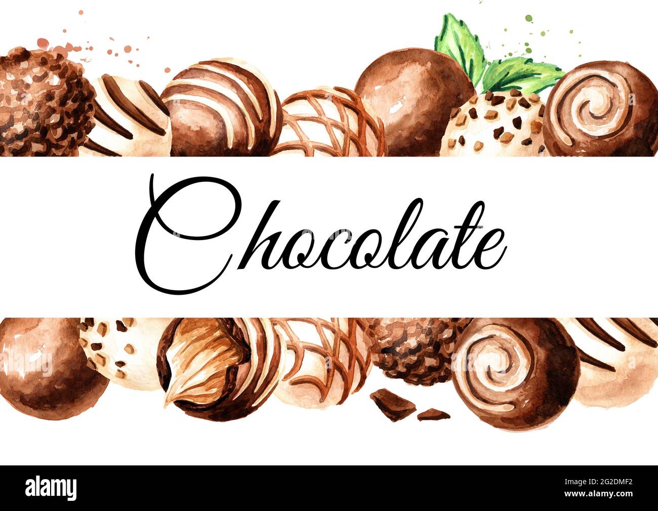 Chocolate candy, truffle with soft caramel praline card, Hand drawn ...