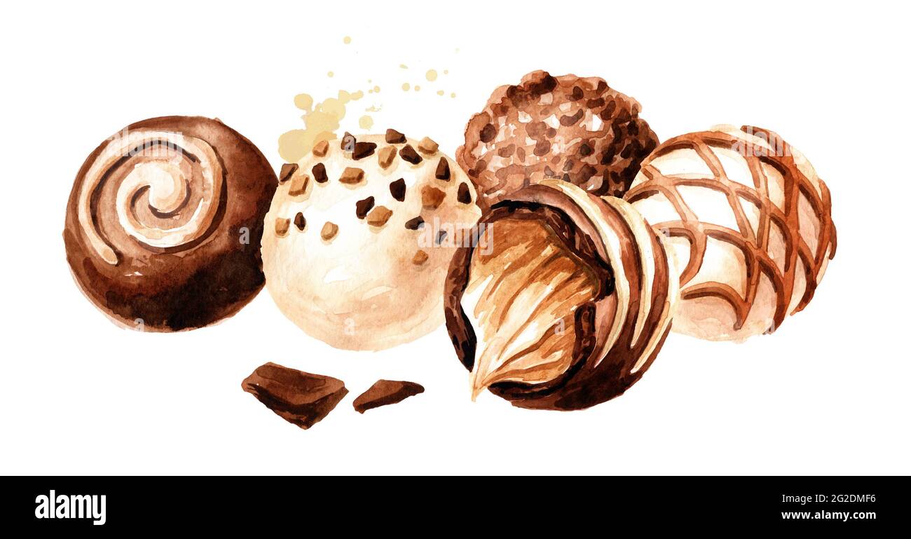 Chocolate candy, truffle with soft caramel praline filling. Hand drawn ...