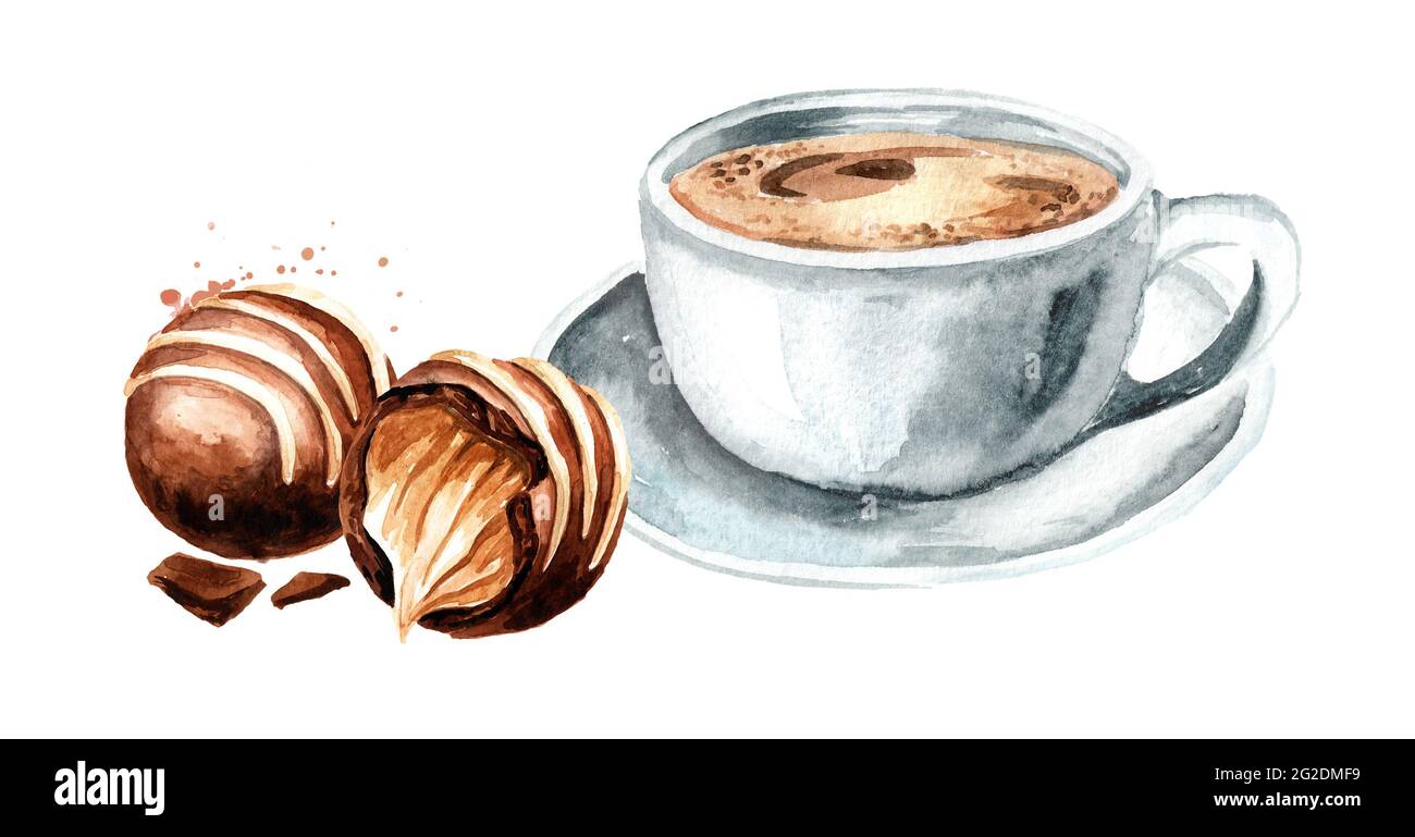 Chocolate candy truffle with cup of coffee. Hand drawn watercolor ...