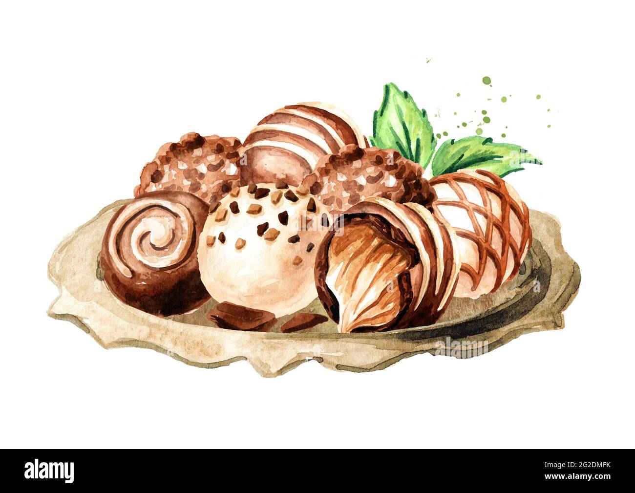 Chocolate truffle candy On the plate. Hand drawn watercolor ...