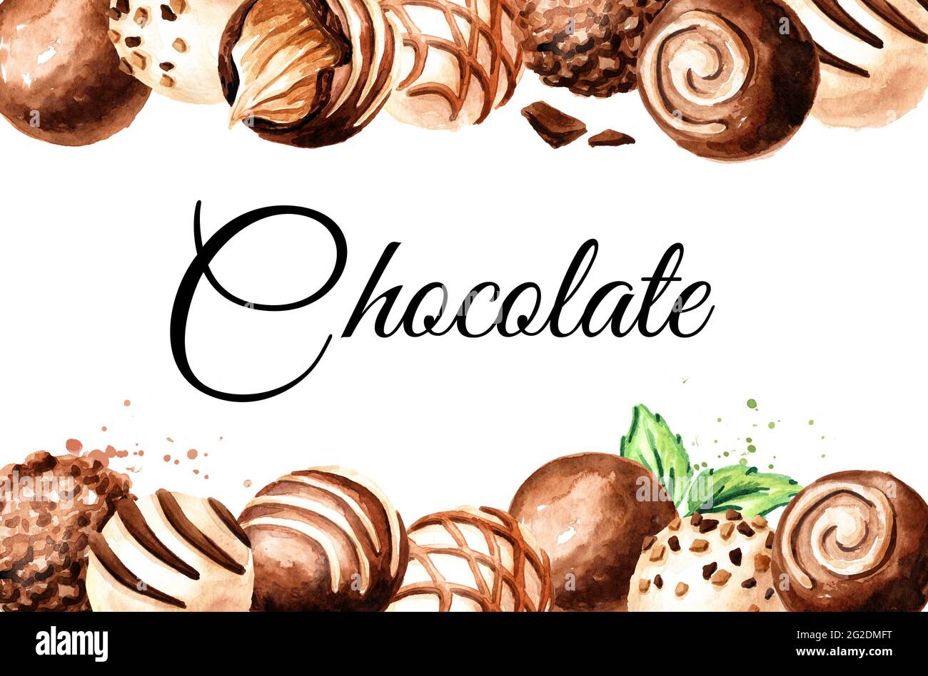 Chocolate candy, truffle with soft caramel praline card. Hand drawn ...