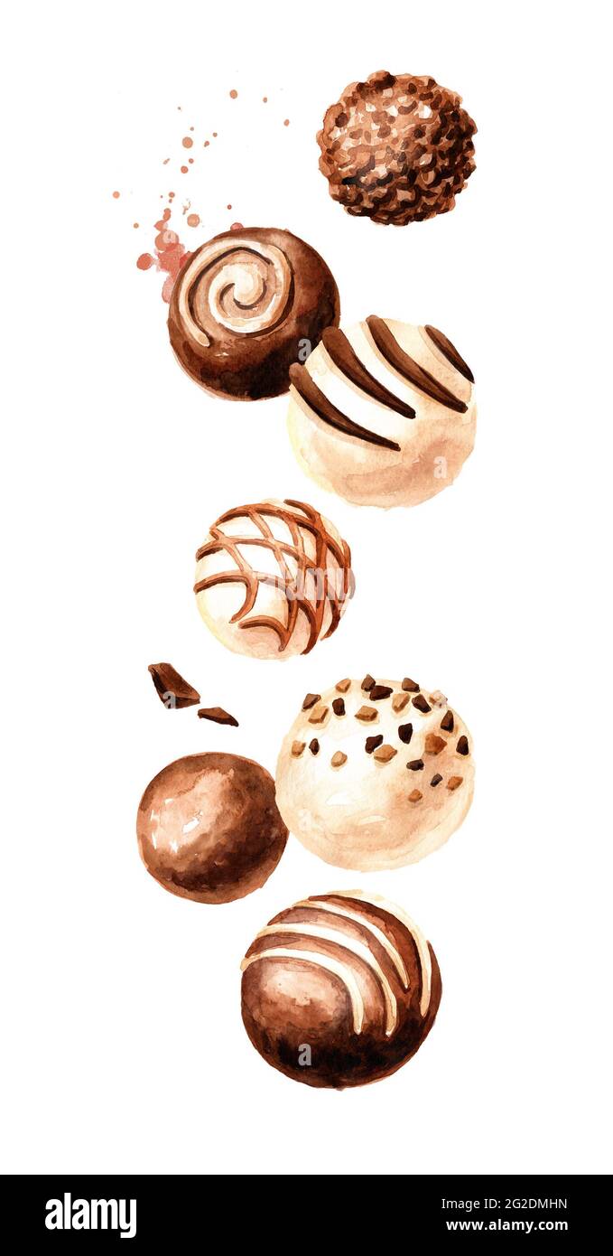 Falling Chocolate candies, truffle, caramel praline. Hand drawn ...