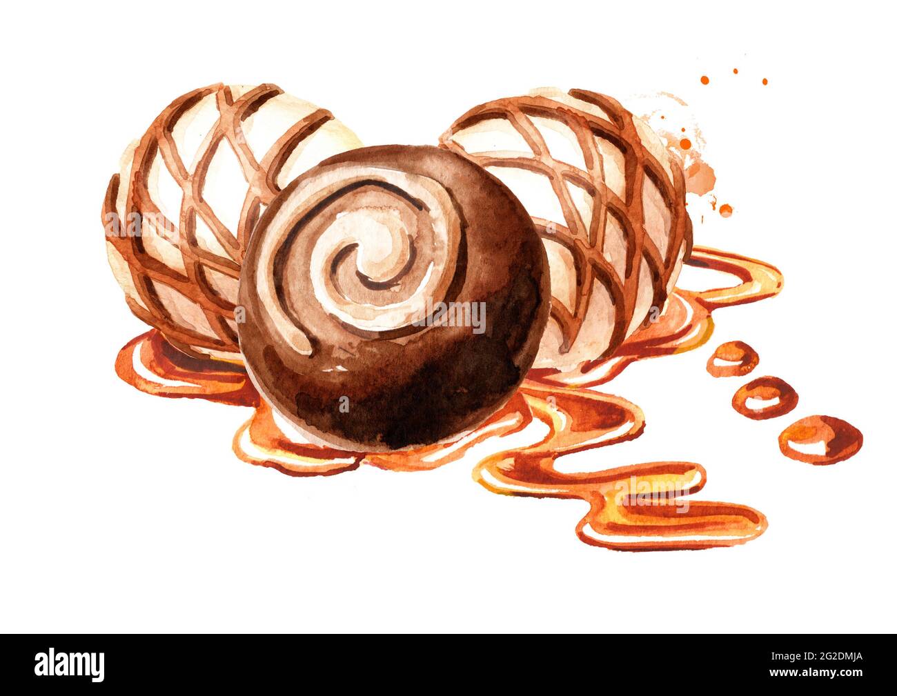 Chocolate truffle candy with caramel sauce. Hand drawn watercolor ...