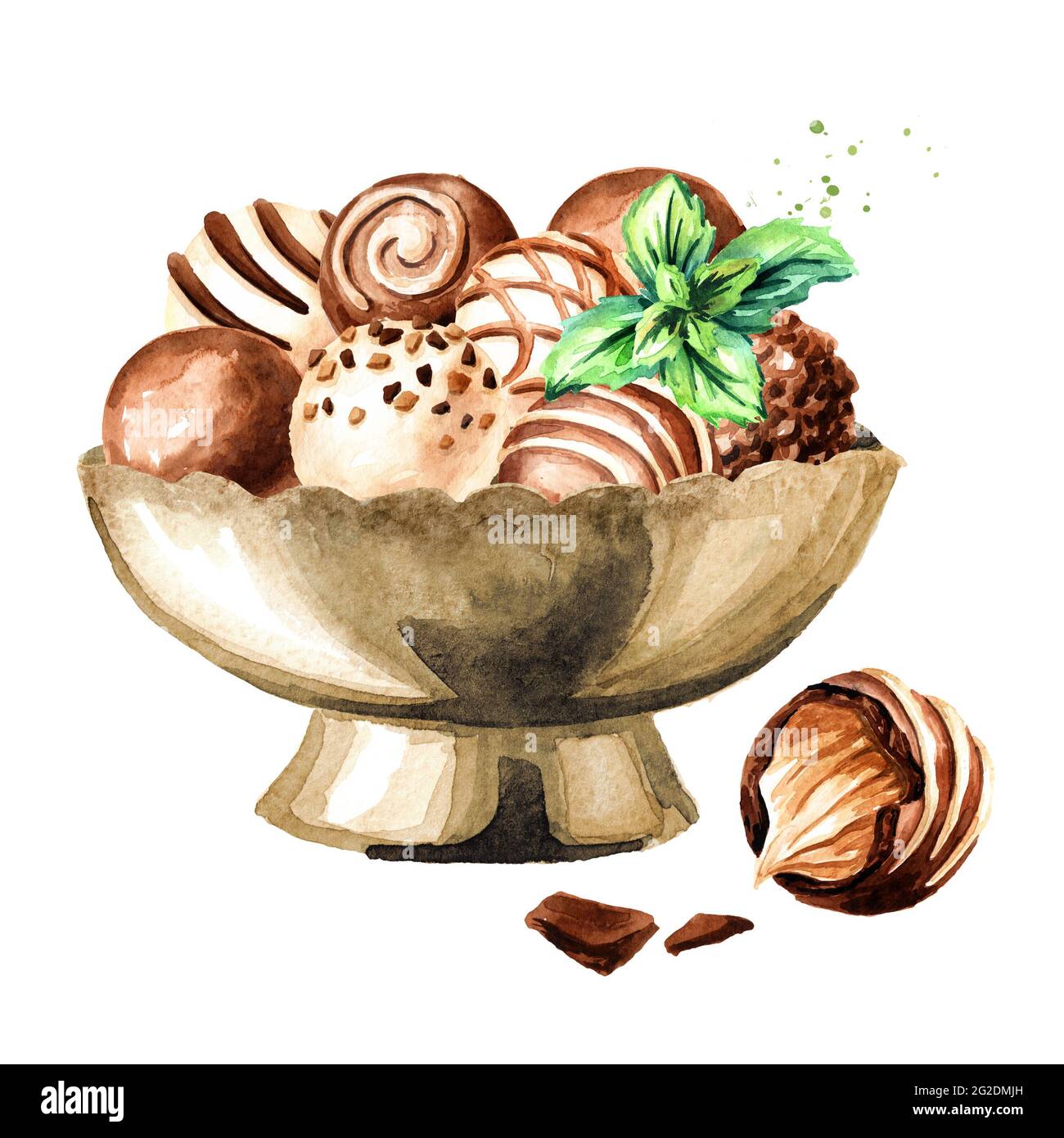 Chocolate candy, truffle, praline in the bowl. Hand drawn watercolor ...