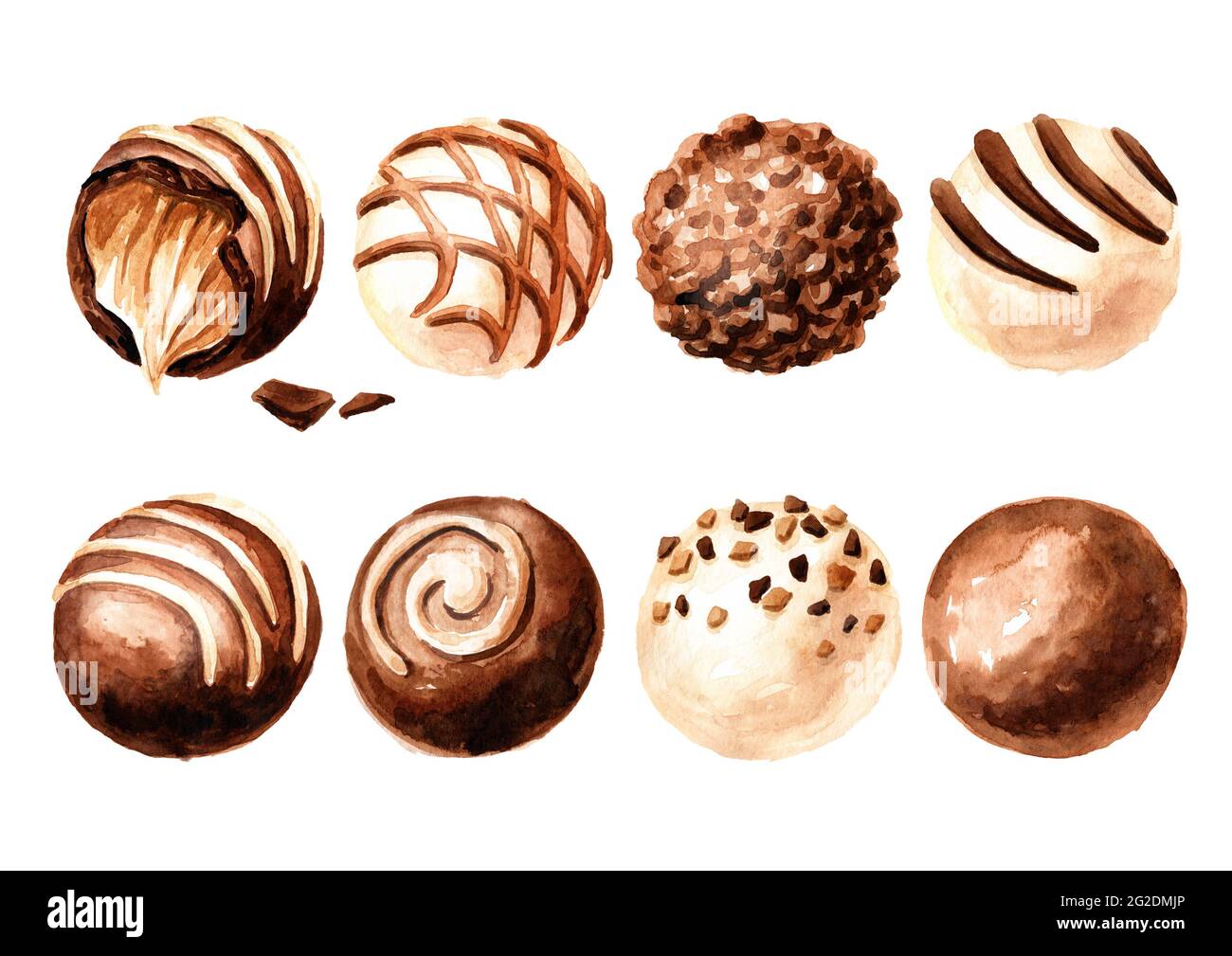 Various Chocolate Candy, Truffle, praline set. Hand drawn watercolor ...