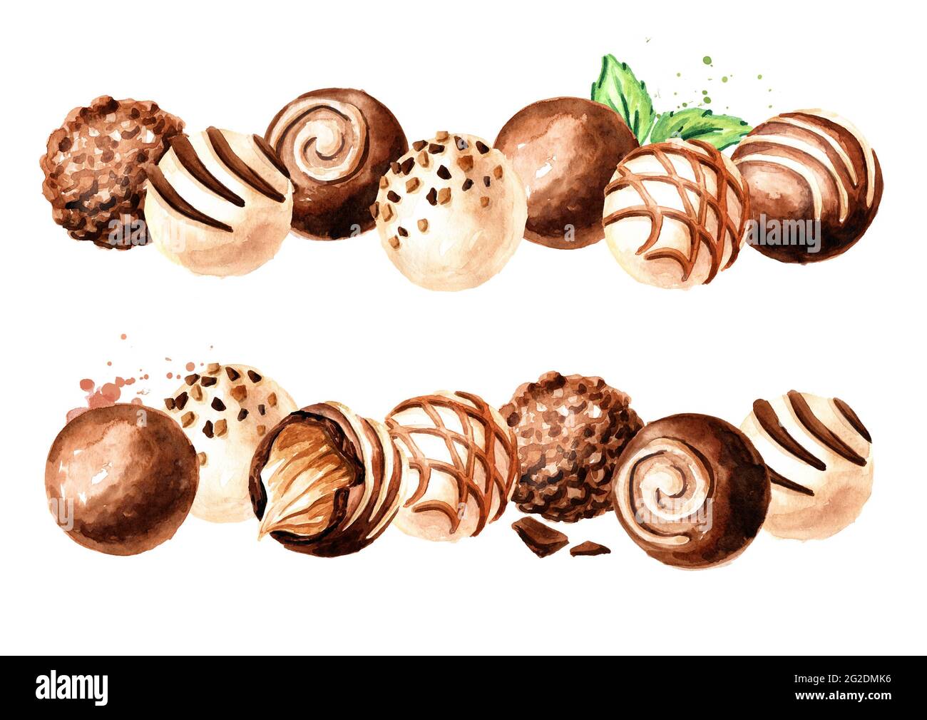 Chocolate candy, truffle with soft caramel praline filling. Hand drawn ...