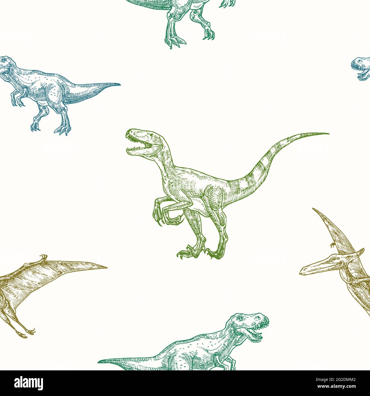 Hand Drawn Dinosaurs Vector Seamless Background Pattern Tyrannosaurus