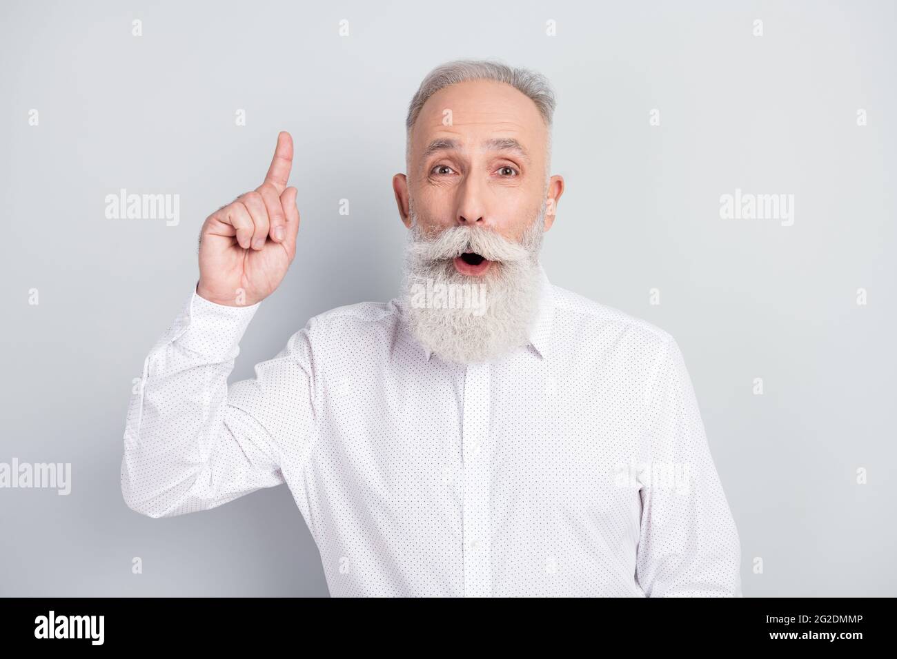 Photo of aged man happy positive smile point finger genius idea plan ...