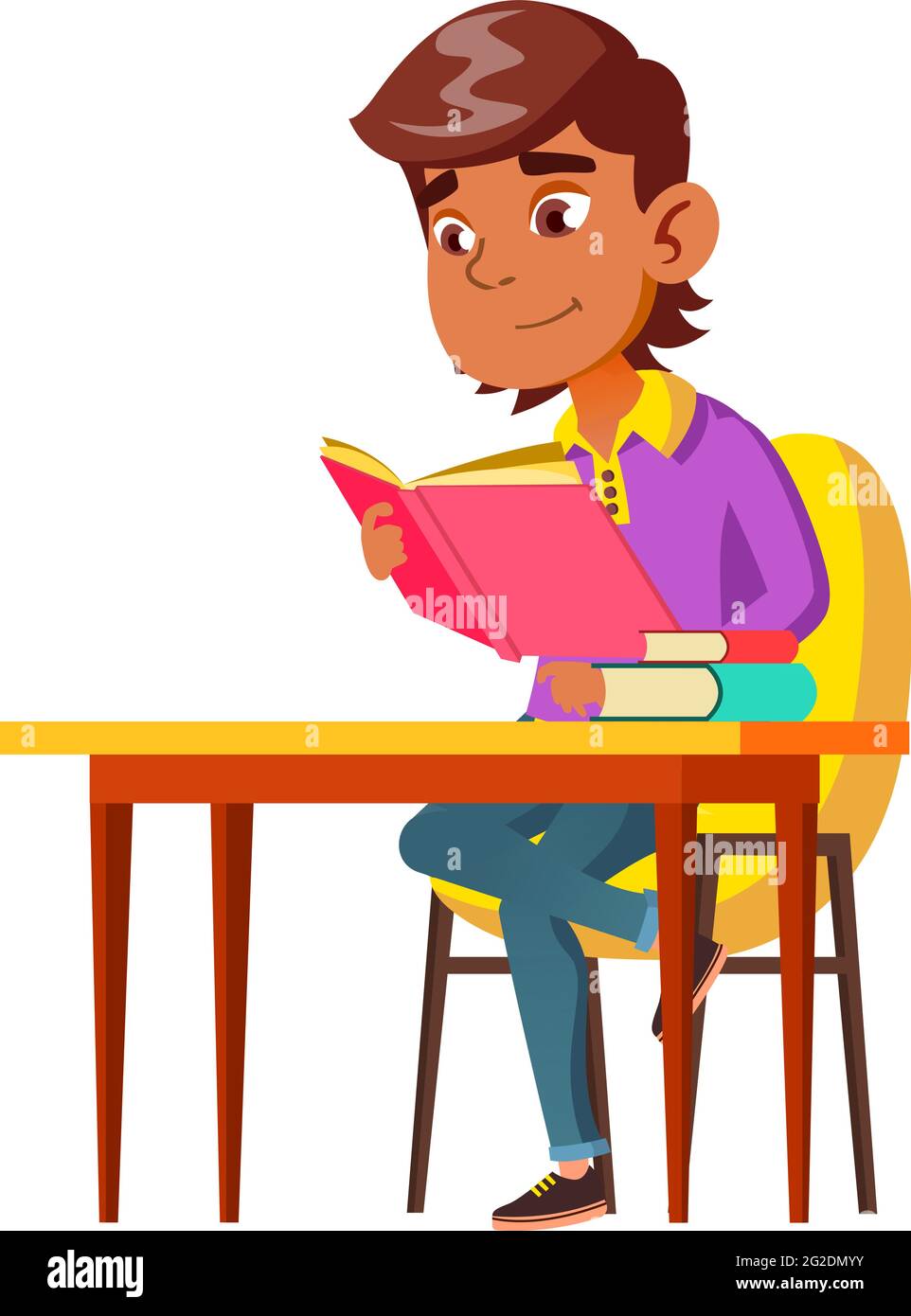 boy pupil reading educational book on school lesson cartoon vector ...