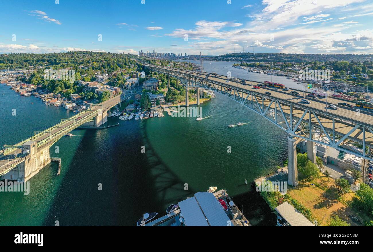 Large Panoramic View of Seattle and I-5 Bridge Lake Union Washington ...