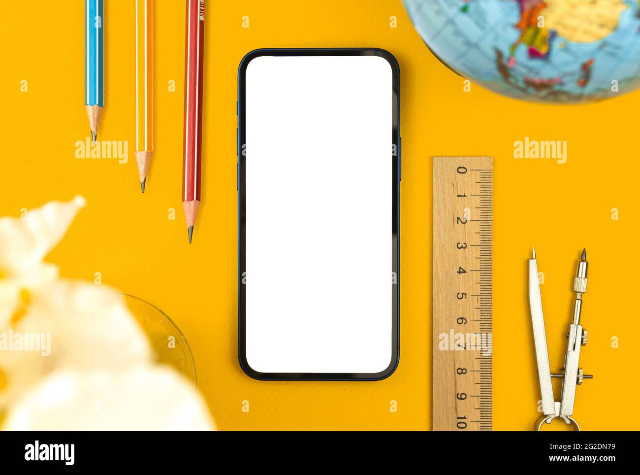 Concept of student doing homework, education, with blank screen mobile ...