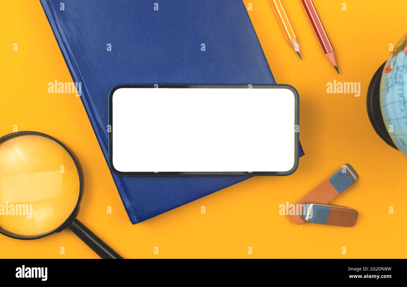 Online learning mockup background, mobile phone with blank white screen ...