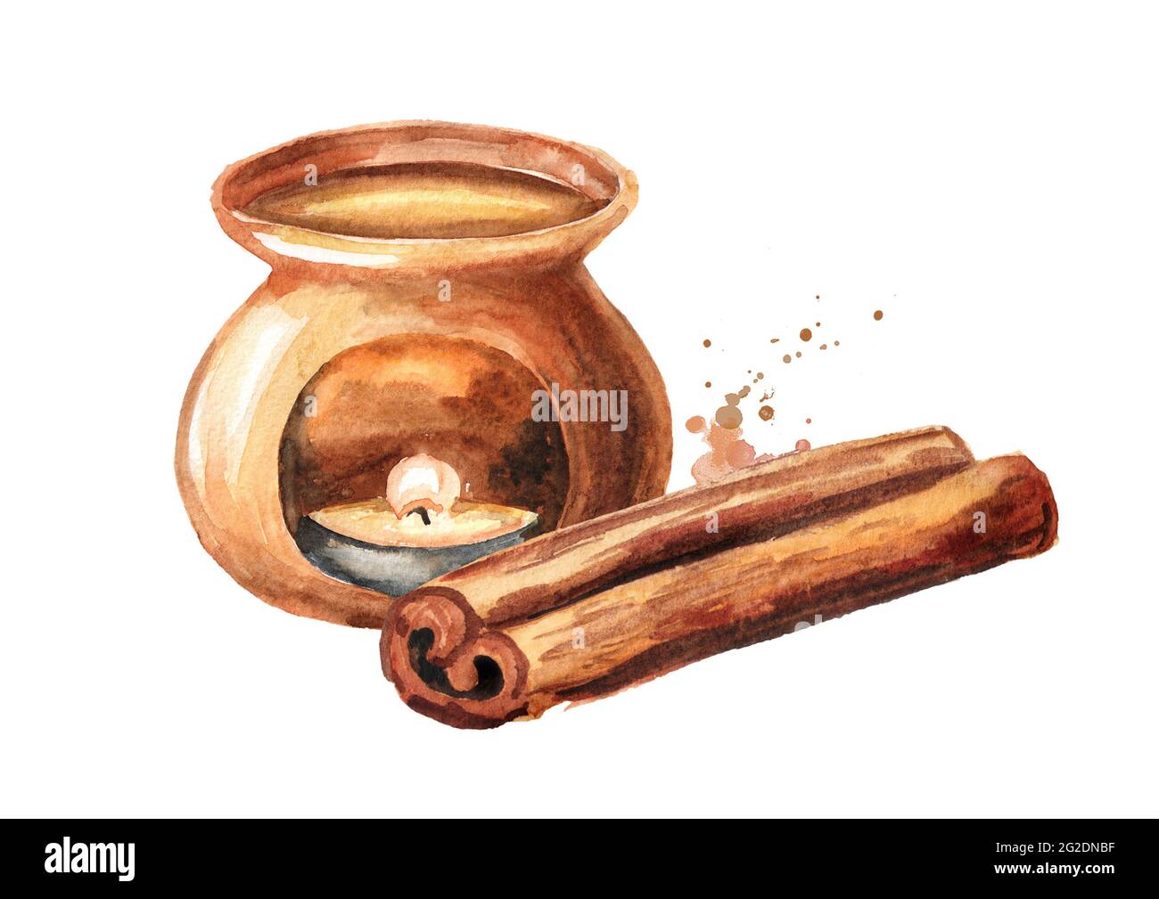 Aroma lamp and Cinnamon stick. Hand drawn watercolor illustration ...
