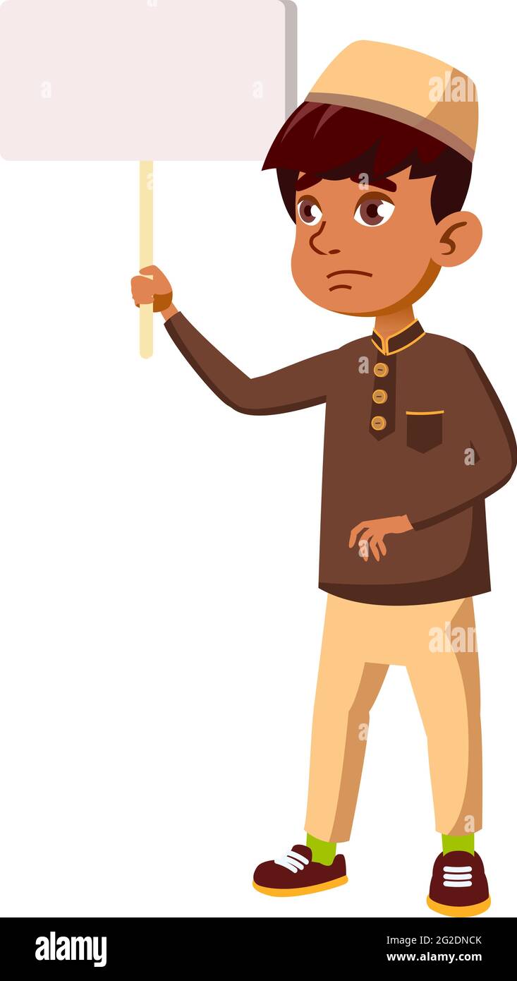 muslim boy holding banner on meeting cartoon vector Stock Vector Image ...