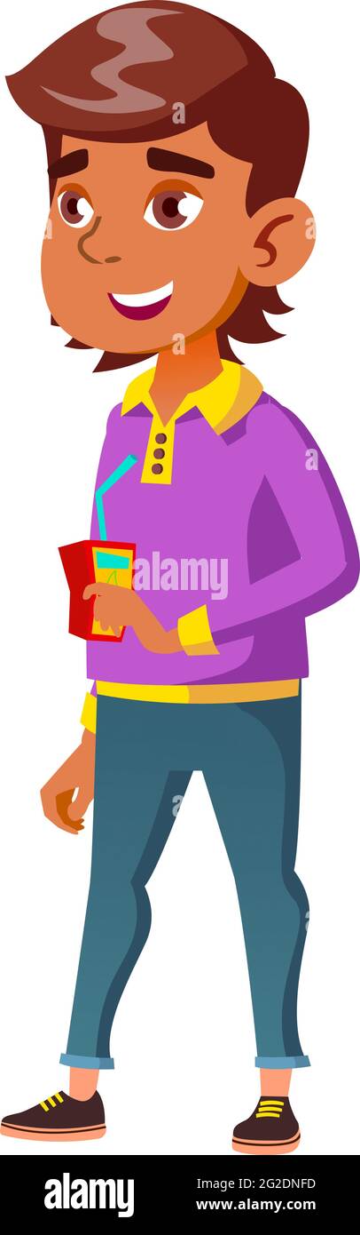 preteen boy drinking juice from package in park cartoon vector Stock ...