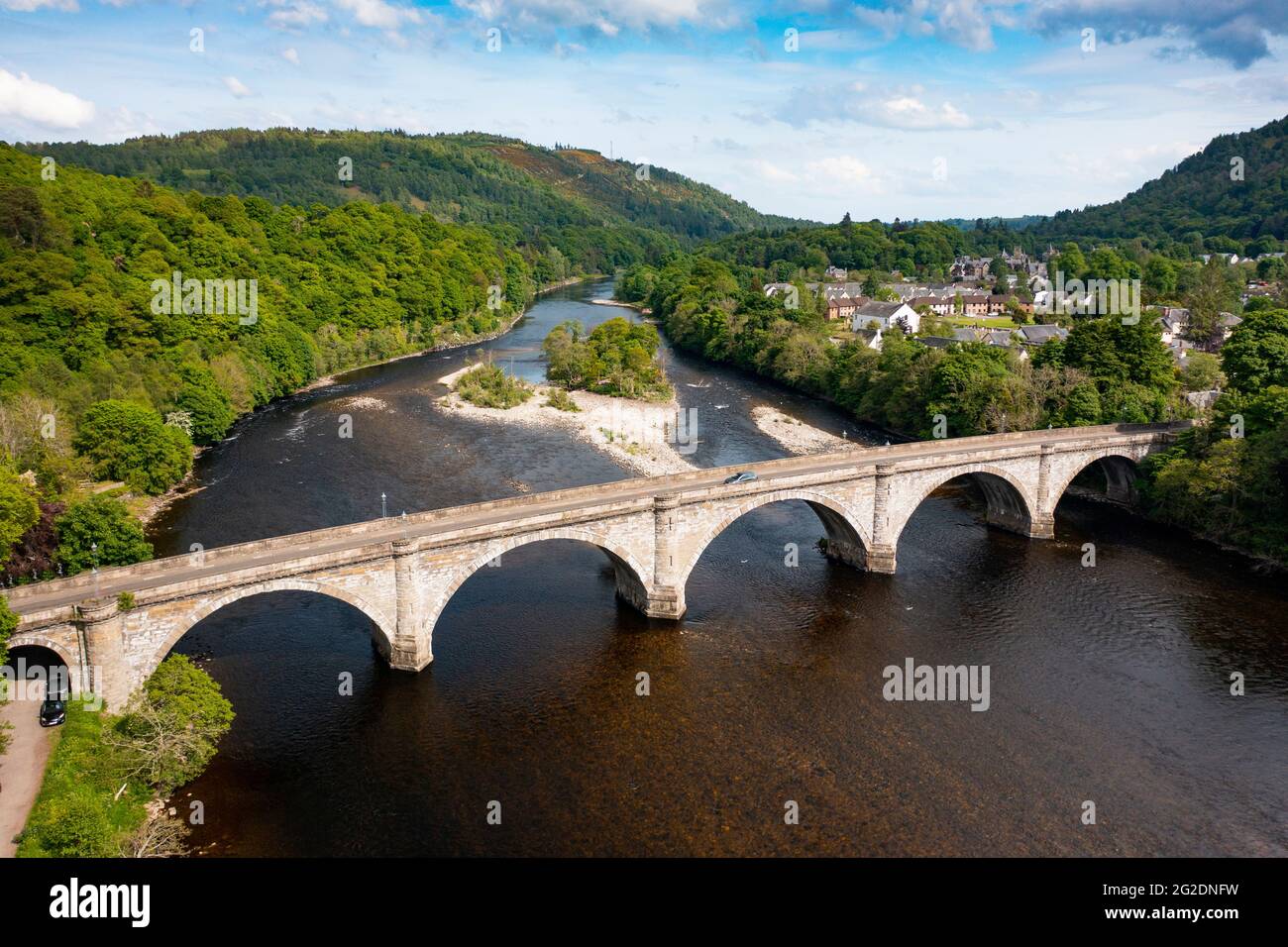 Aerial view from drone of Thomas Telford stone arch bridge at Dunkeld ...