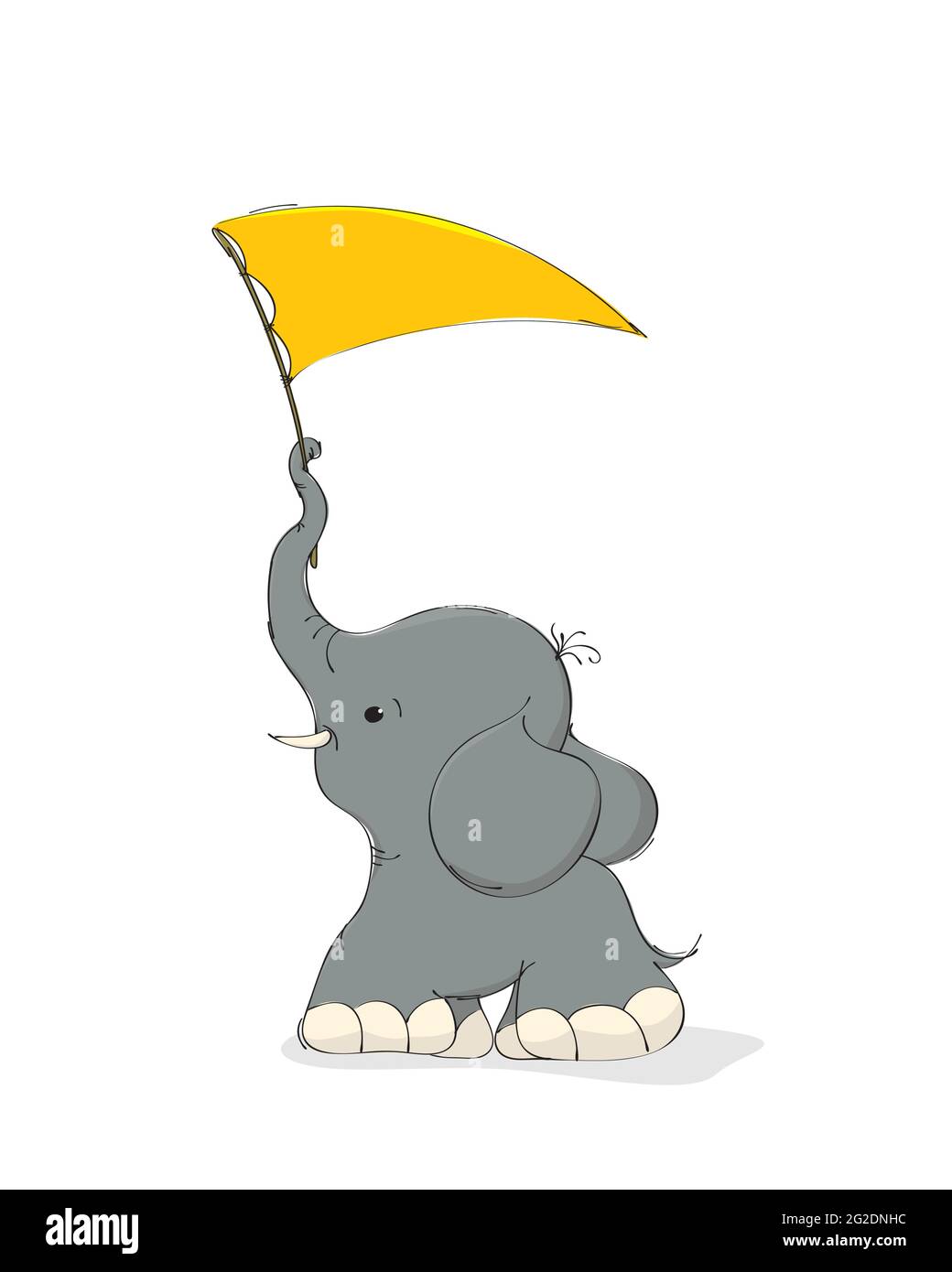 Cute baby elephant is waving a flag, isolated vector cartoon over white ...