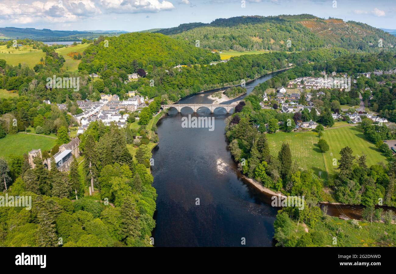 Aerial view from drone of village of Dunkeld beside River Tay and ...