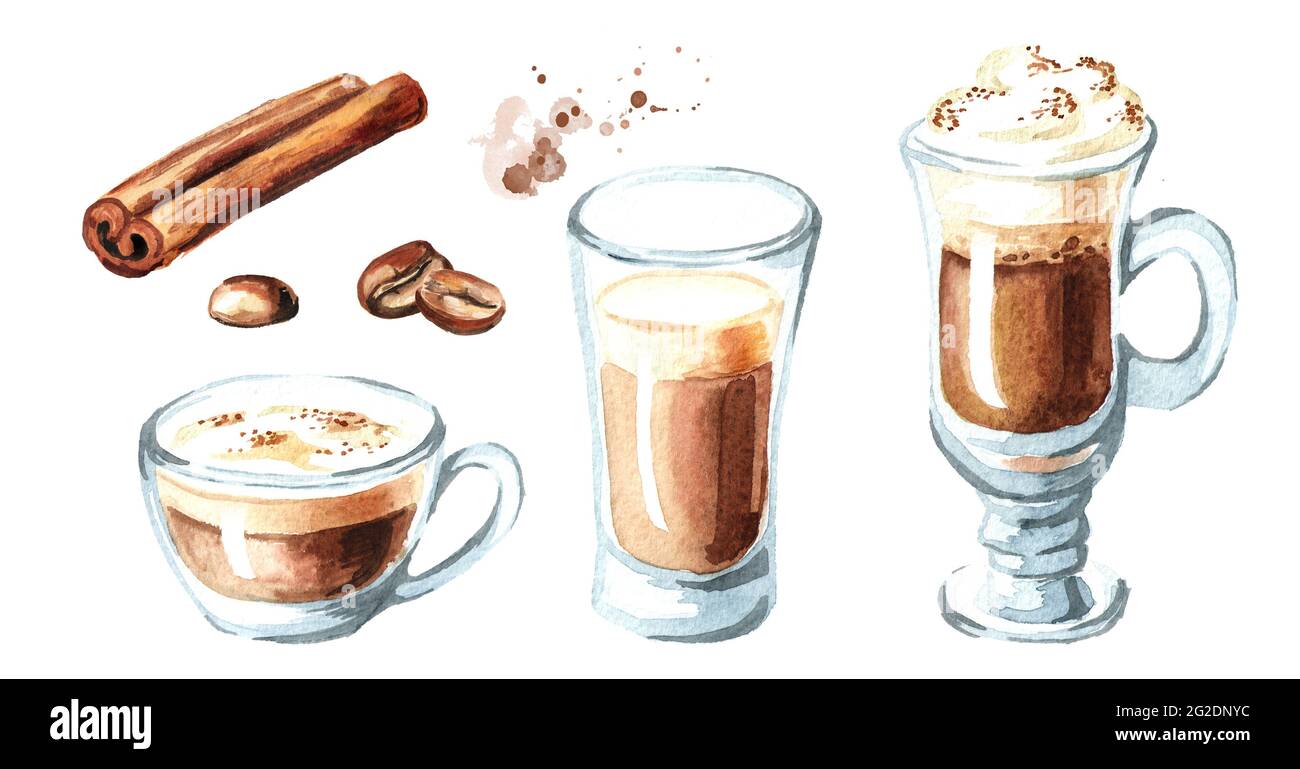 Coffee with milk set. Cinnamon and coffee beans. Watercolor hand drawn ...