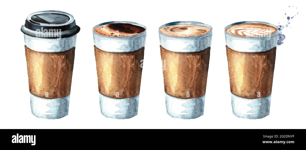 Coffee to go set. Watercolor hand drawn illustration, isolated on white ...