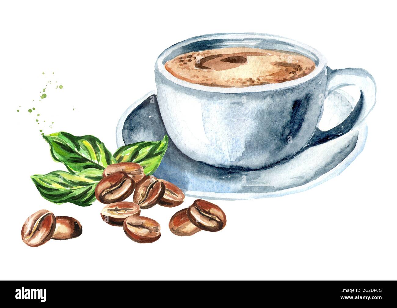 Cup of natural coffee with coffee beans and green leaves. Watercolor ...