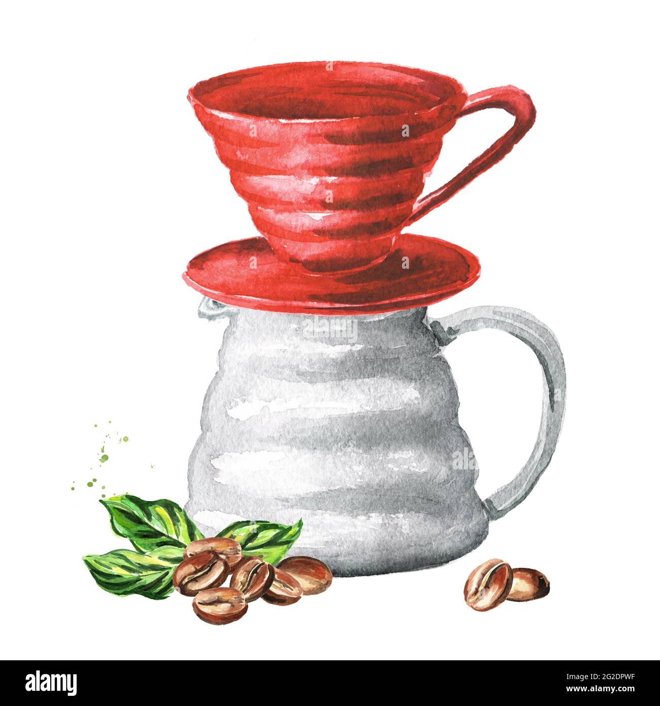 Dripper filter for coffee preparation v60 and coffee beans. Watercolor ...