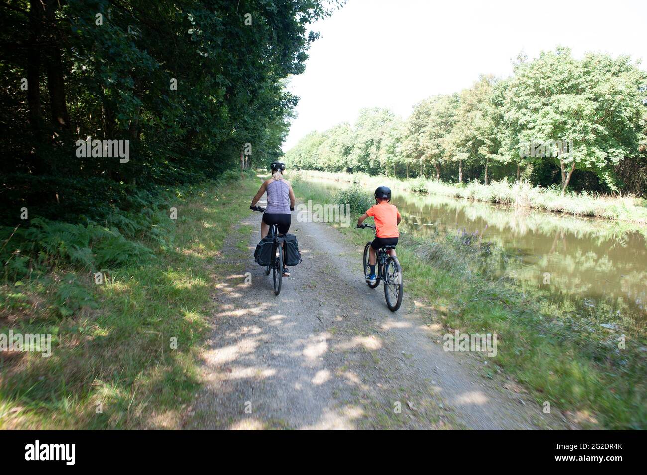 A family riding bikes in France in the summer on cycle paths exploring ...