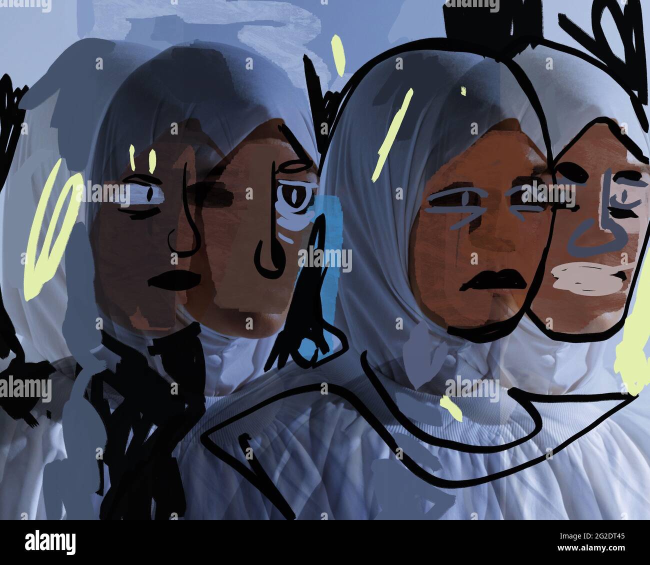 Sad and angry religious women with hijab on head. Group of muslim ...