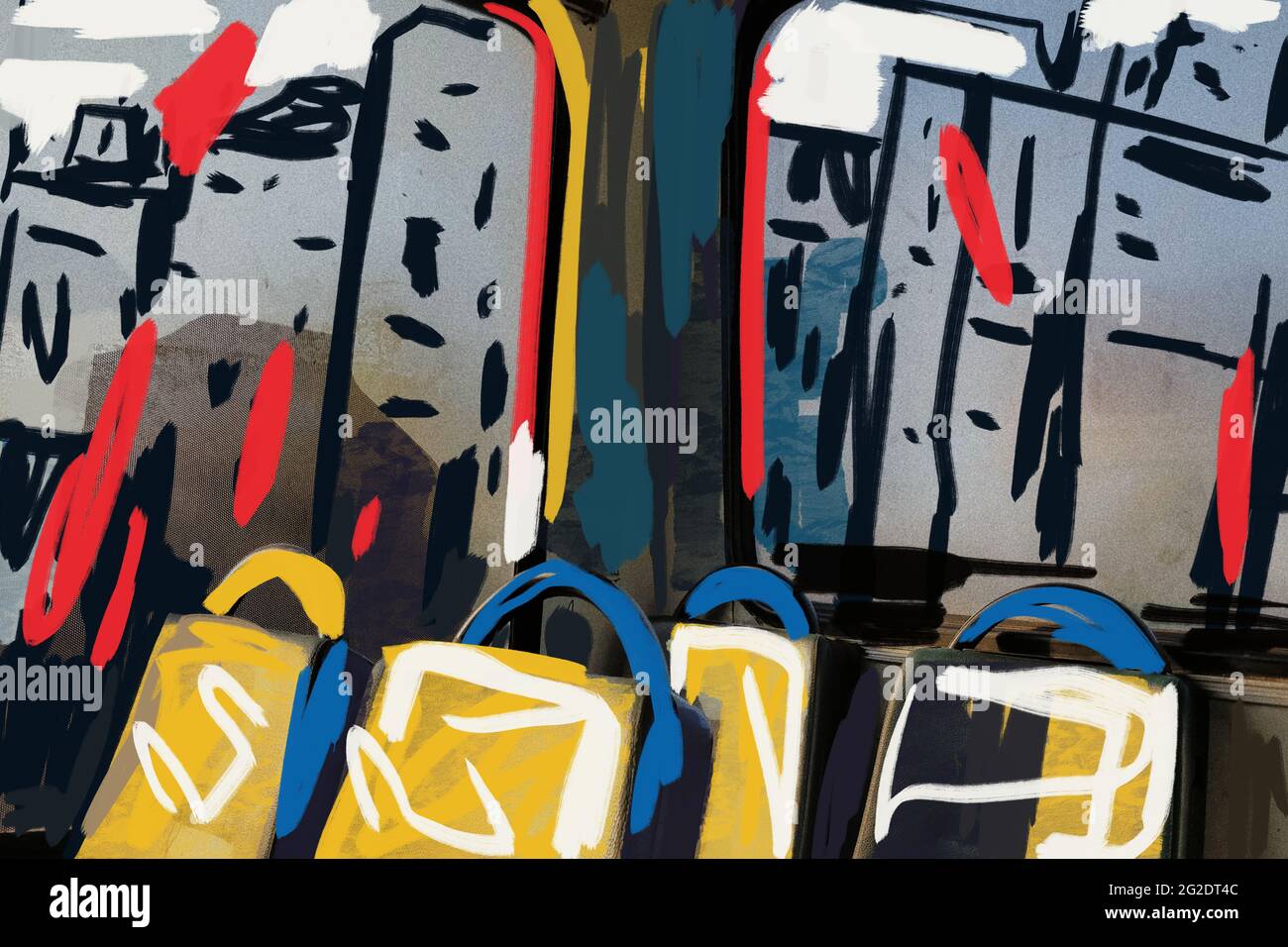 Expressionism painting of train seats, empty interior train. Dark but ...