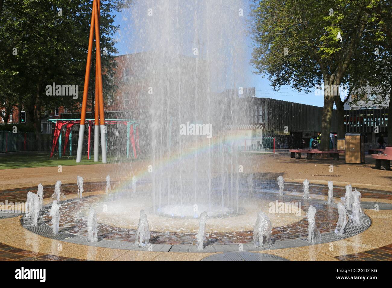 Rainbow in pavement water fountain, Bull Yard, Coventry, West Midlands ...