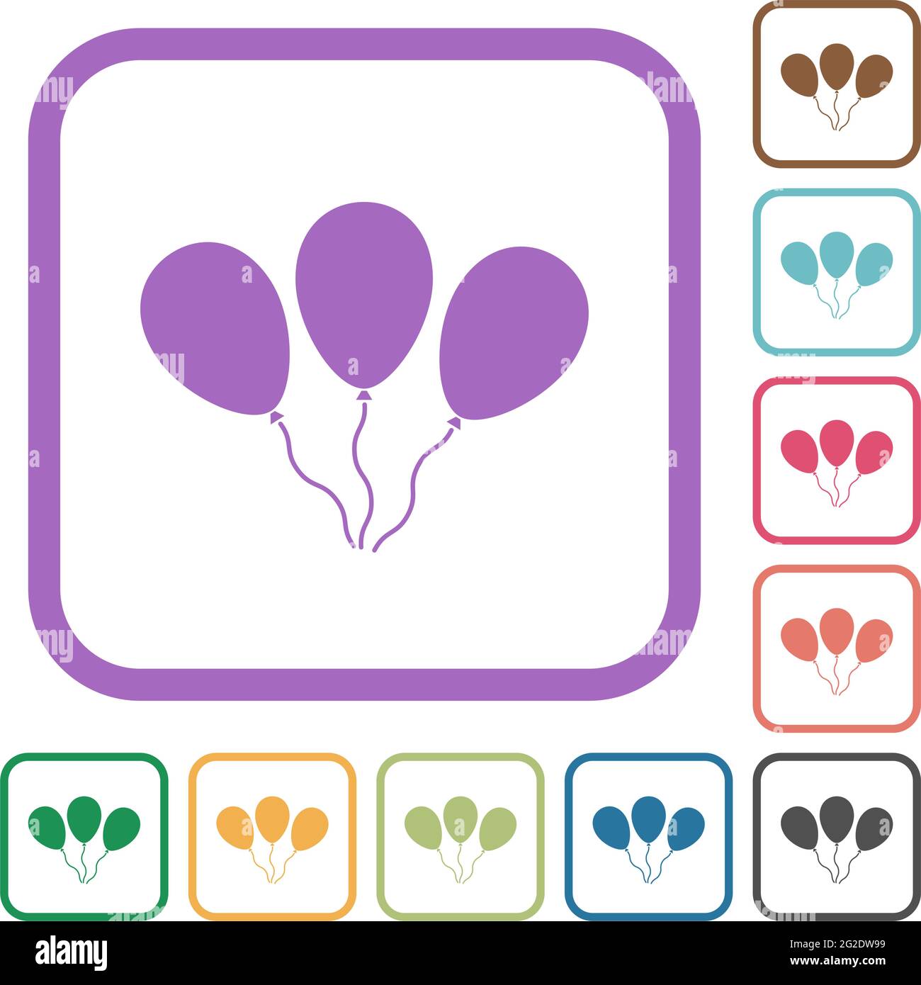 Three balloons simple icons in color rounded square frames on white ...