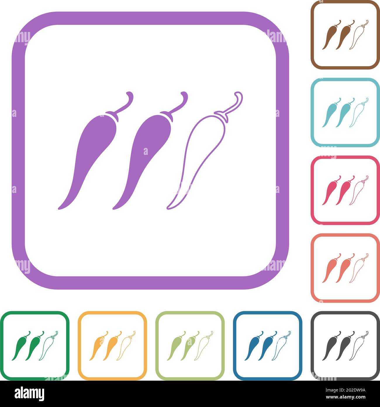Spicy chili pepper level simple icons in color rounded square frames on ...