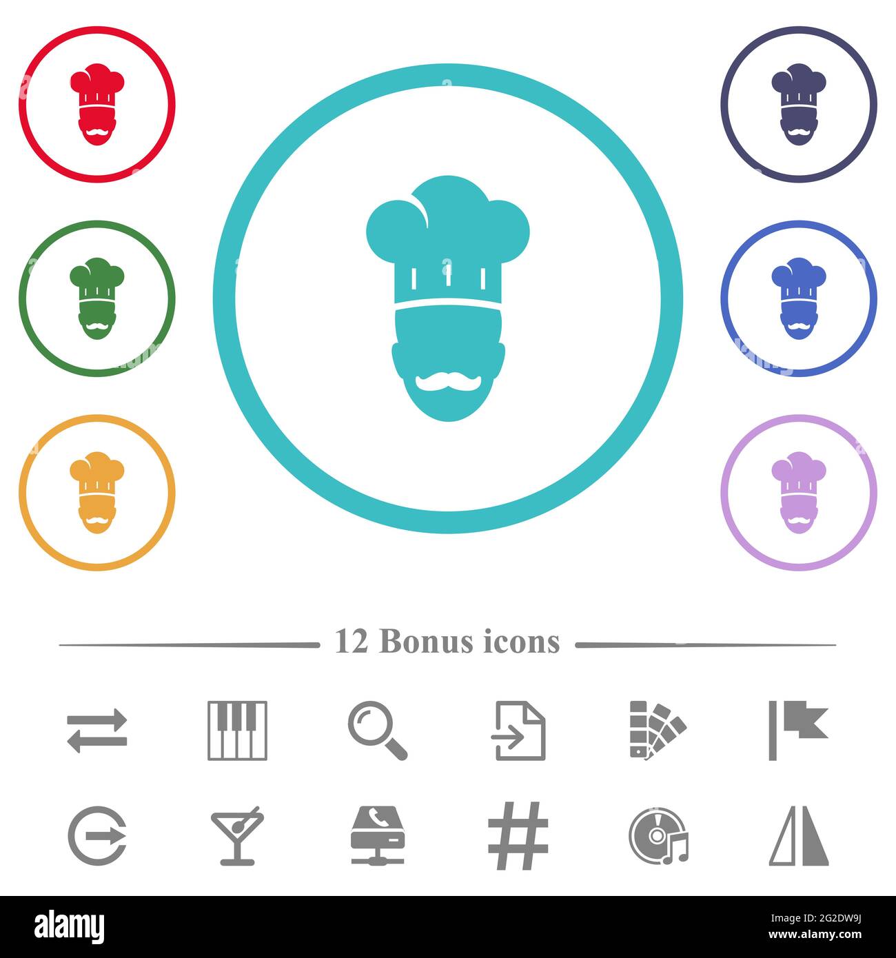 Master chef with mustache flat color icons in circle shape outlines. 12 ...