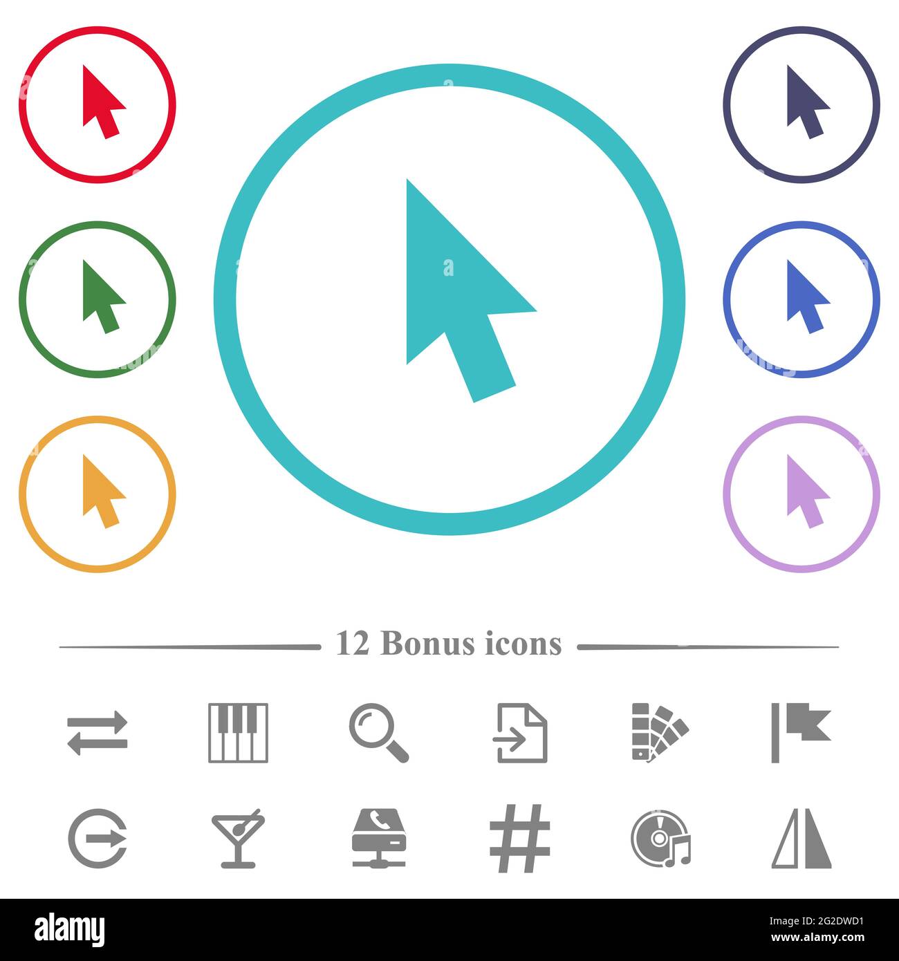 Mouse cursor flat color icons in circle shape outlines. 12 bonus icons ...