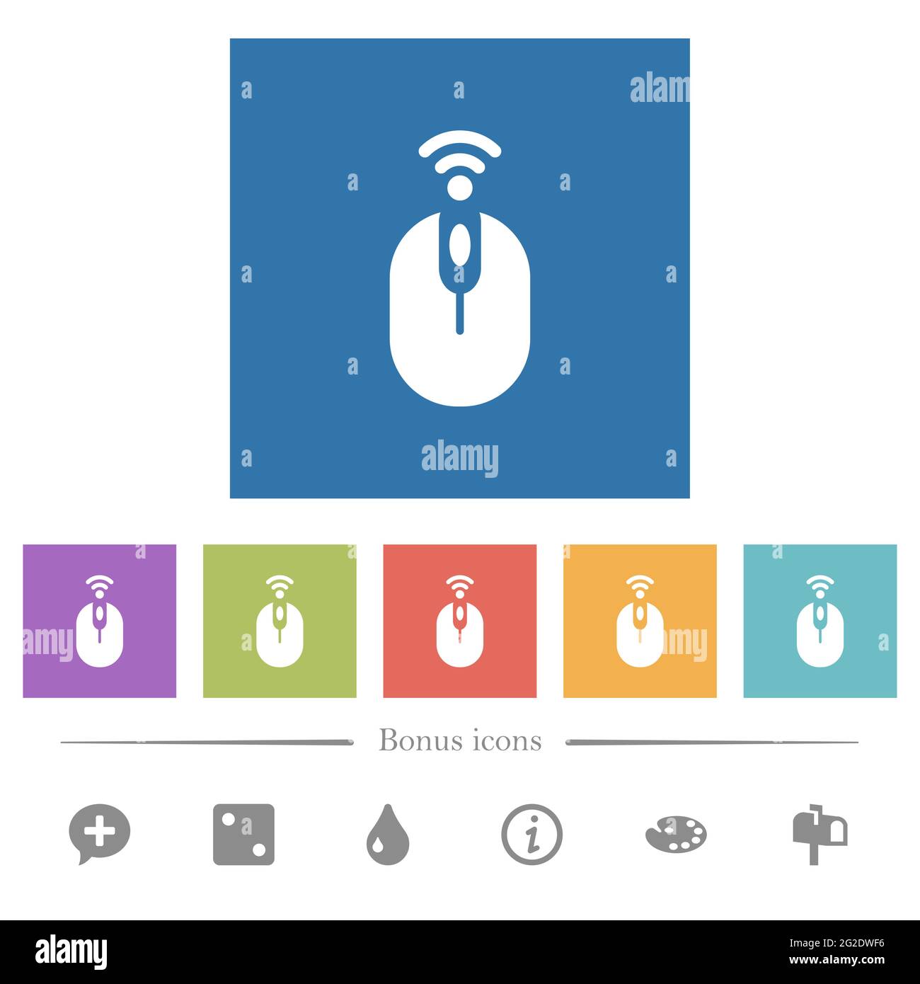 Wireless computer mouse flat white icons in square backgrounds. 6 bonus ...