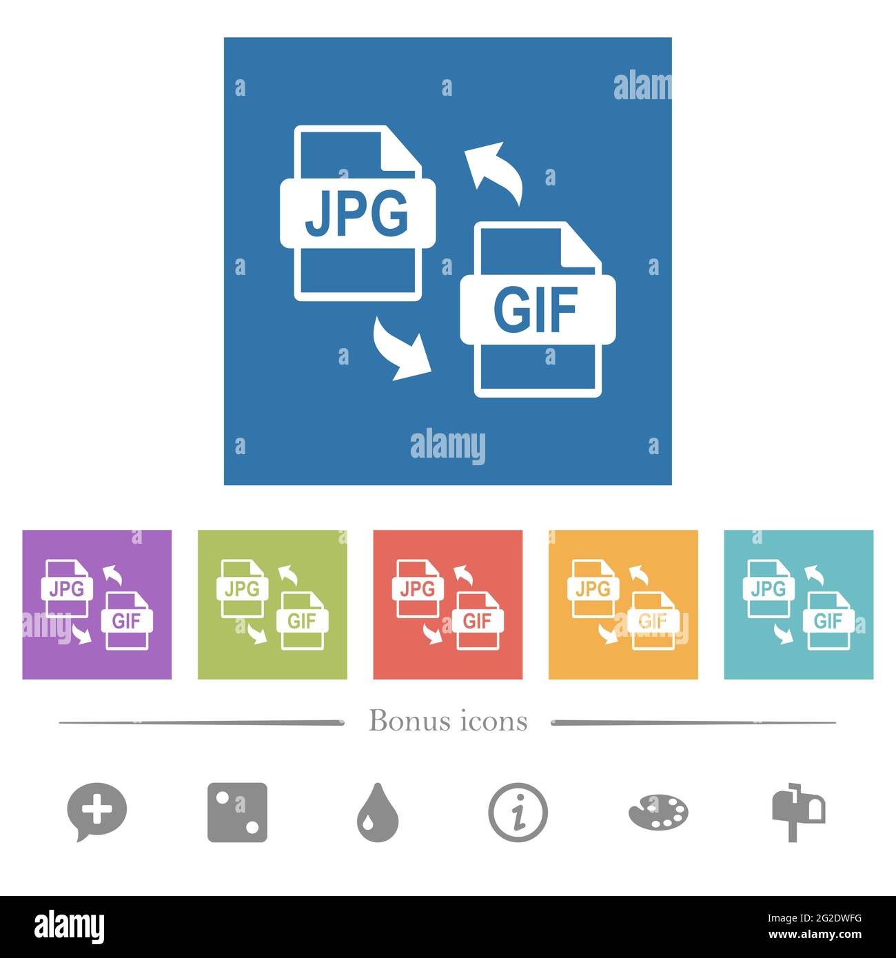 JPG GIF file conversion flat white icons in square backgrounds. 6 bonus ...