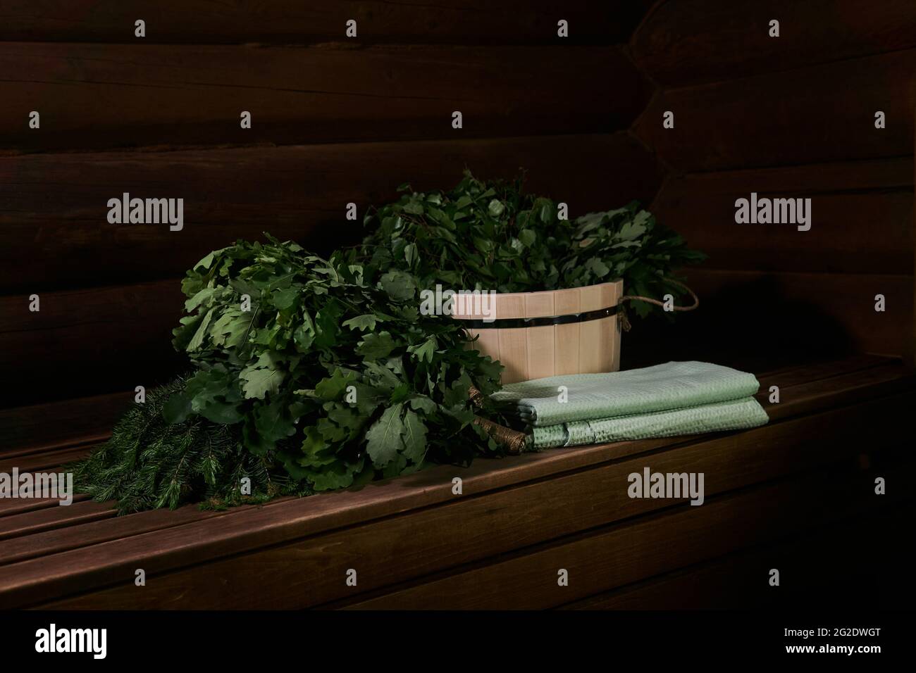 interior of a traditional steam sauna banya with wooden tub, sheets or ...