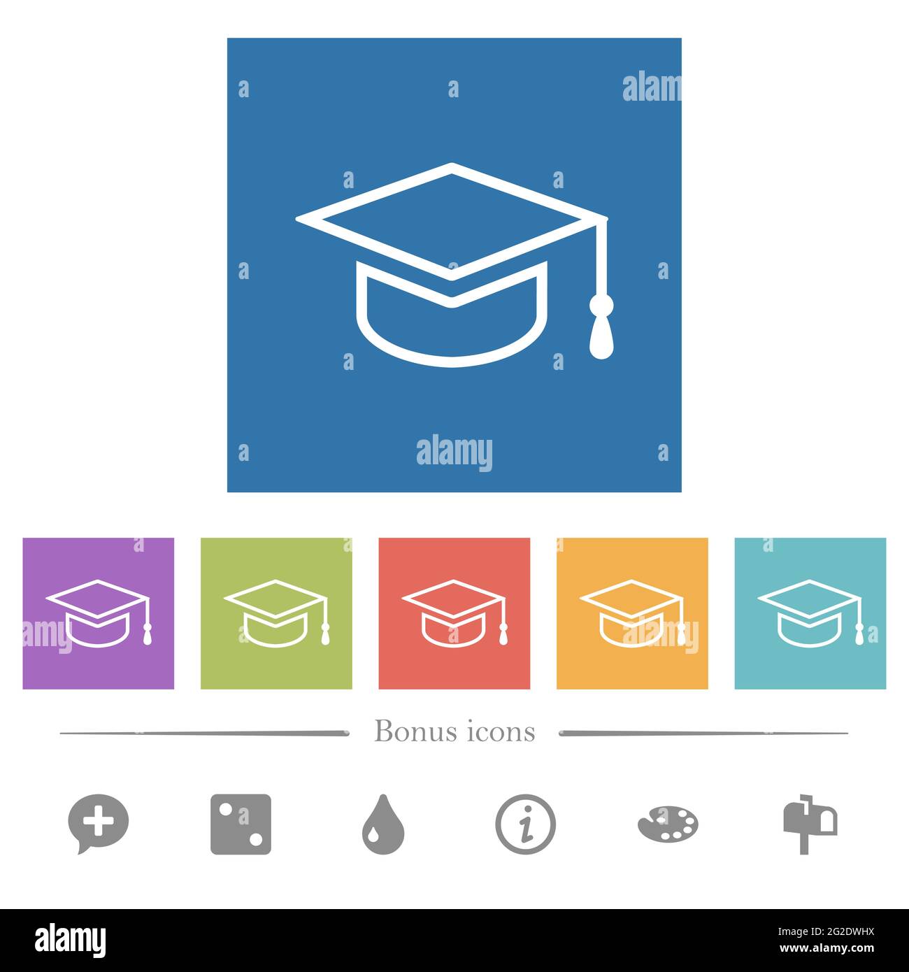 Graduation cap flat white icons in square backgrounds. 6 bonus icons ...